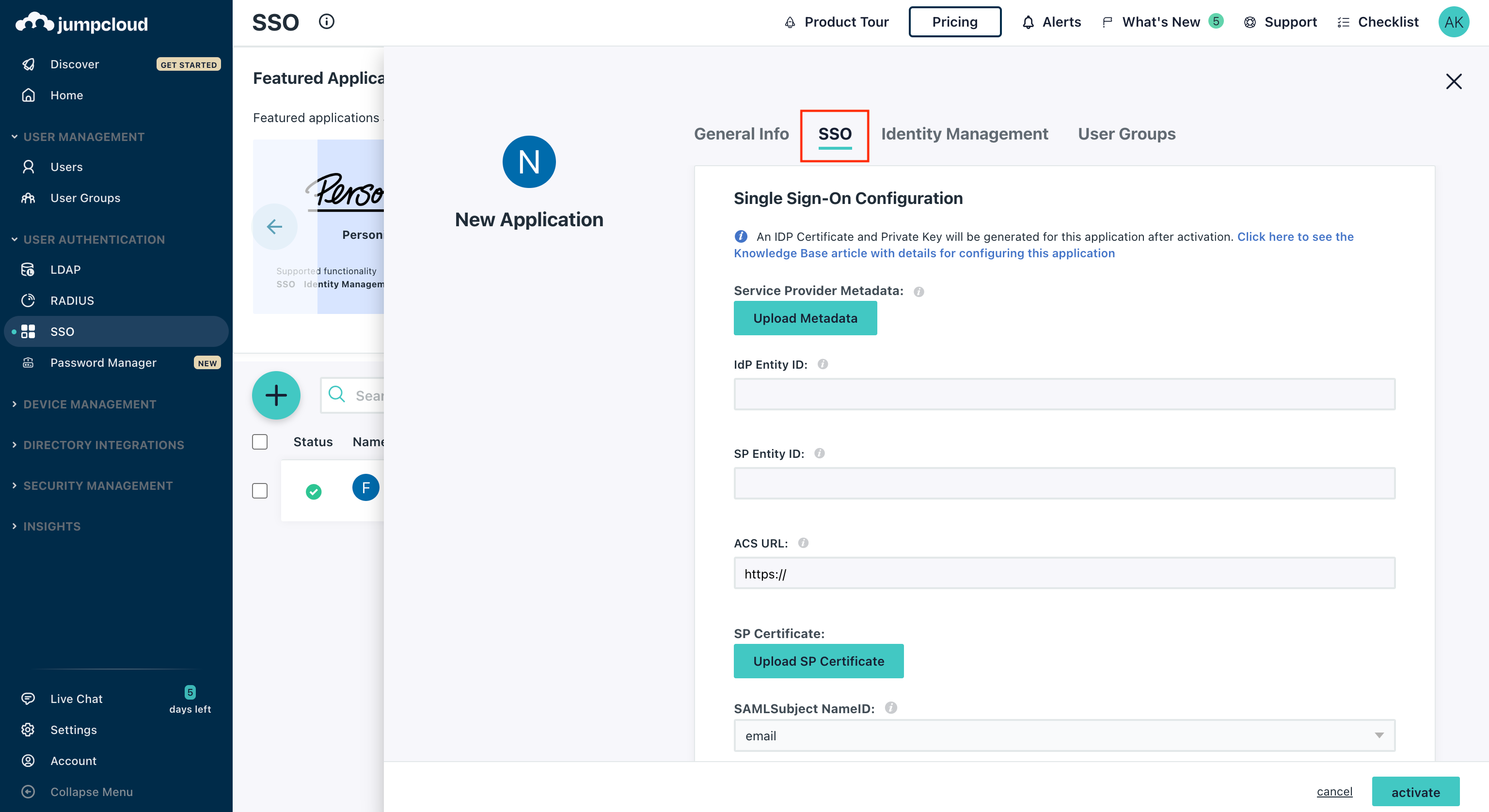 SSO: Configure JumpCloud connection via SAML