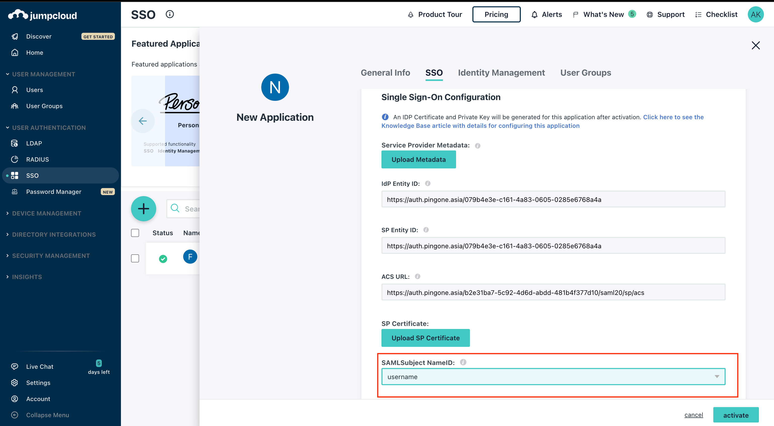 SSO: Configure JumpCloud connection via SAML