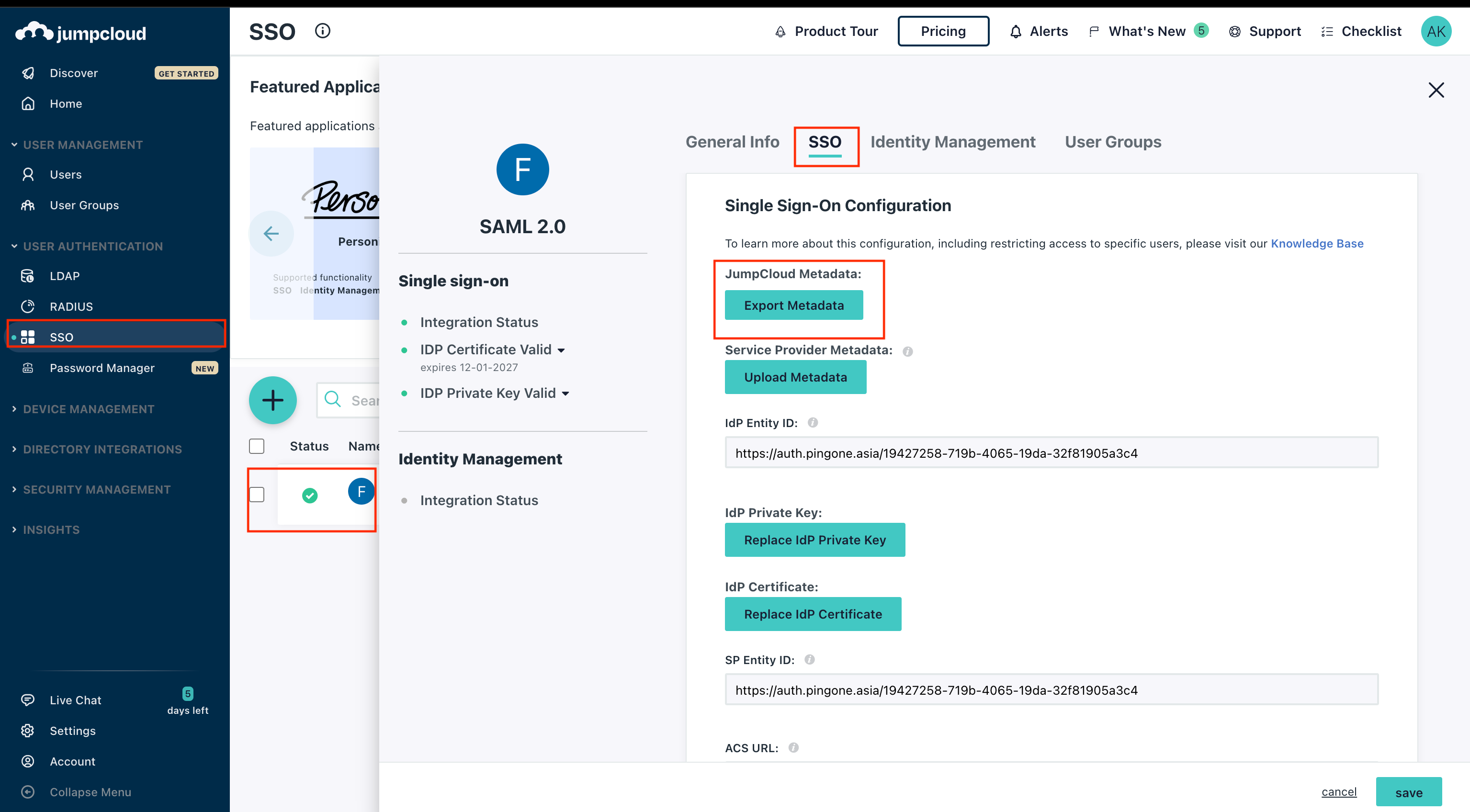 SSO: Configure JumpCloud connection via SAML