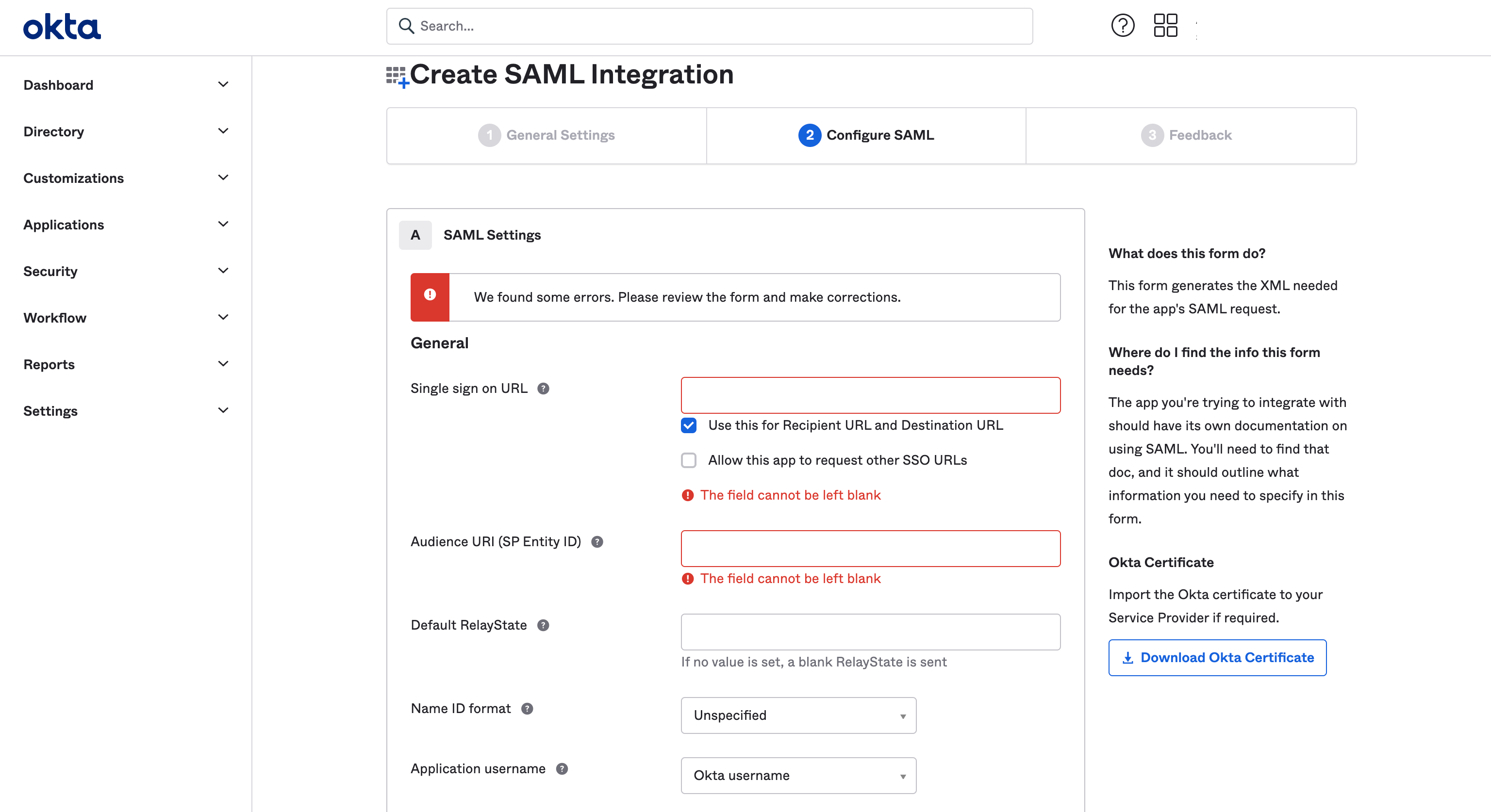 Configure Okta connection via SAML